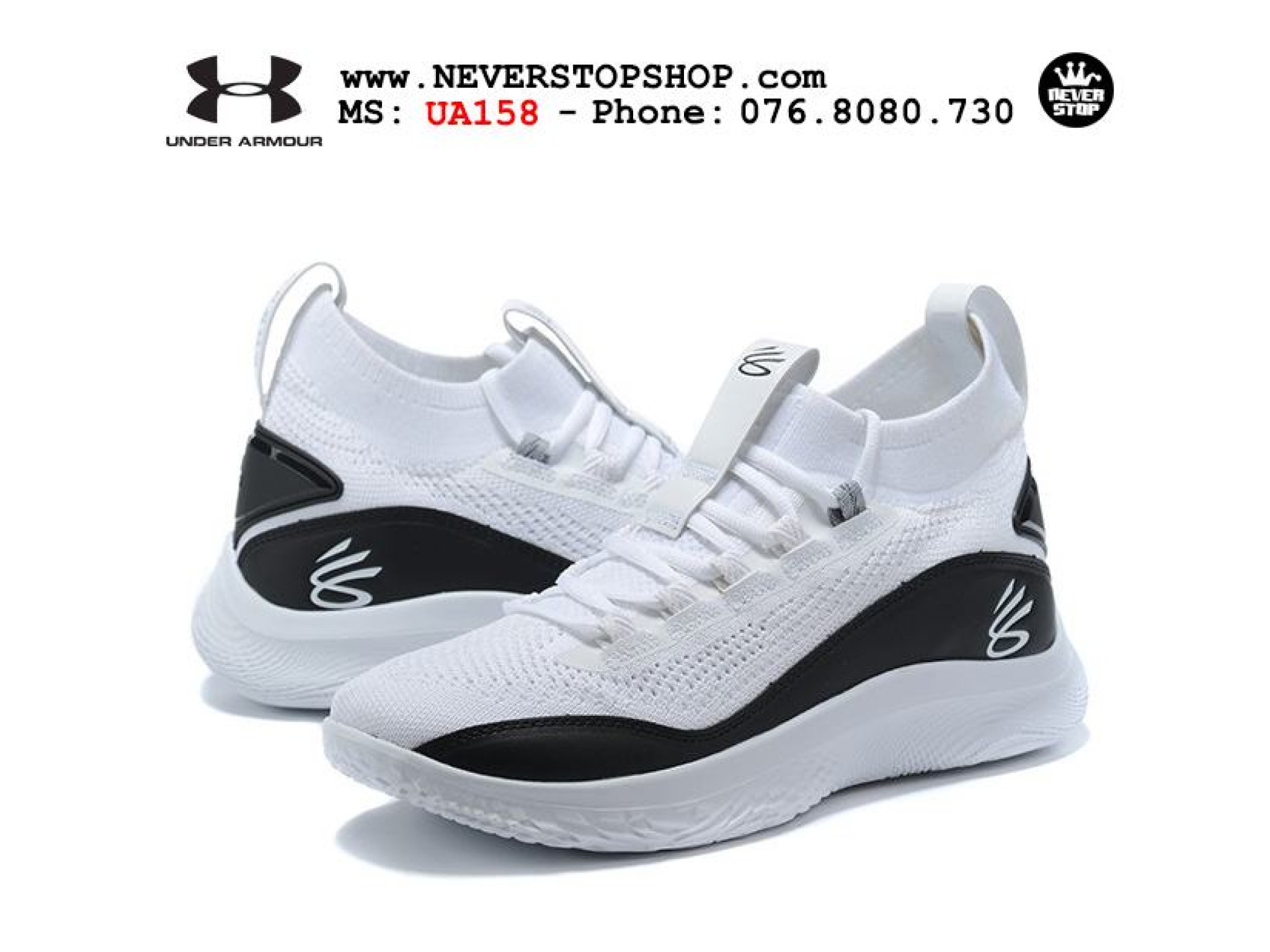 Giày bóng rổ UNDER ARMOUR CURRY 8 WHITE BLACK bền nhẹ,